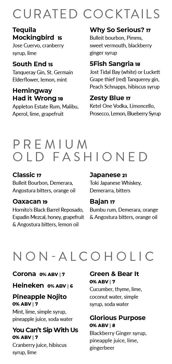 Bar Menu | 5 Fishermen Restaurant